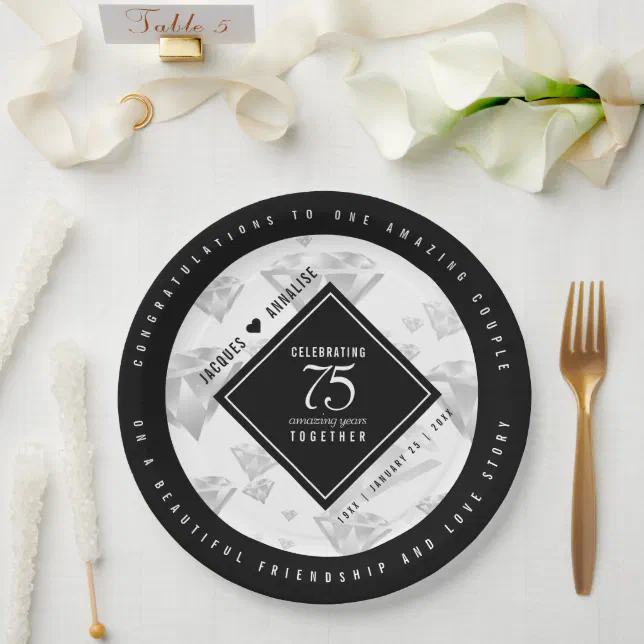 Elegant 75th Diamond Wedding Anniversary Paper Plates | Zazzle