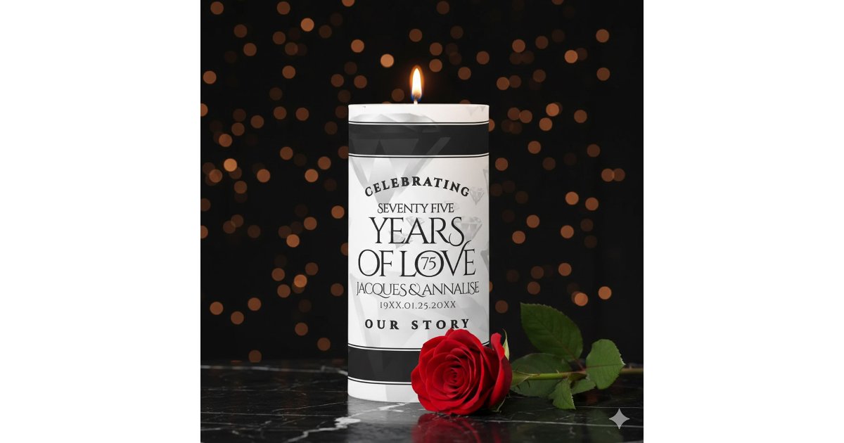 Elegant 75th Diamond Wedding Anniversary Pillar Candle | Zazzle