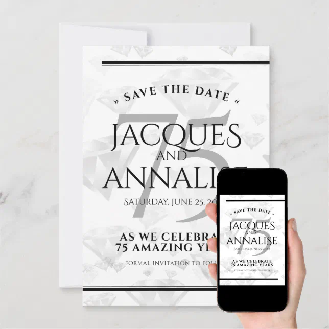 Elegant 75th Diamond Wedding Anniversary Save The Date | Zazzle