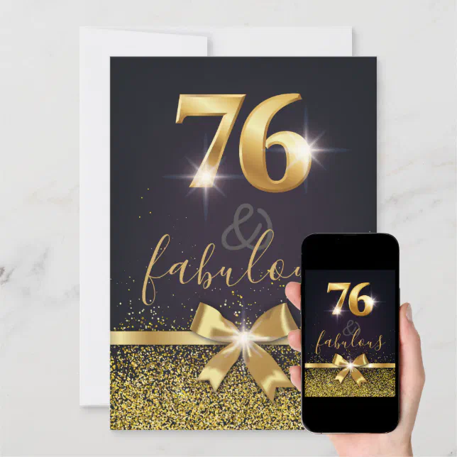 Elegant 76 & Fabulous Gold Glitter 76th Birthday Invitation | Zazzle