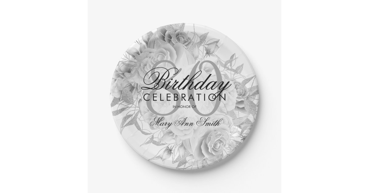 Elegant 80th Birthday Party Floral Silver White Paper Plates | Zazzle