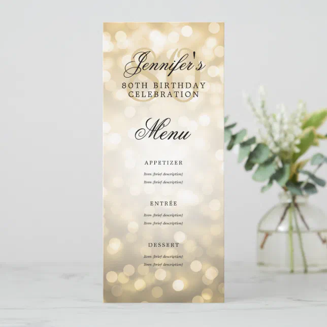Elegant 80th Birthday Party Menu Gold Bokeh Lights Invitation | Zazzle