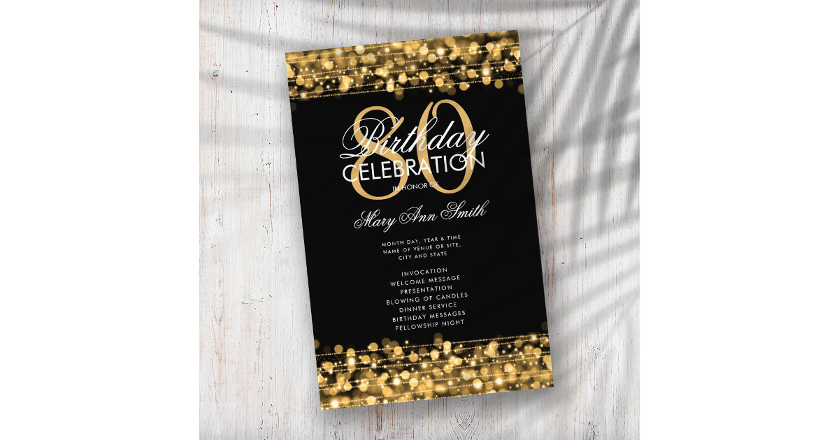 Elegant 80th Birthday Party Program Gold w/ Menu Flyer | Zazzle