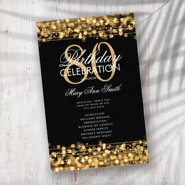 Elegant 80th Birthday Party Program Gold w/ Menu Flyer | Zazzle