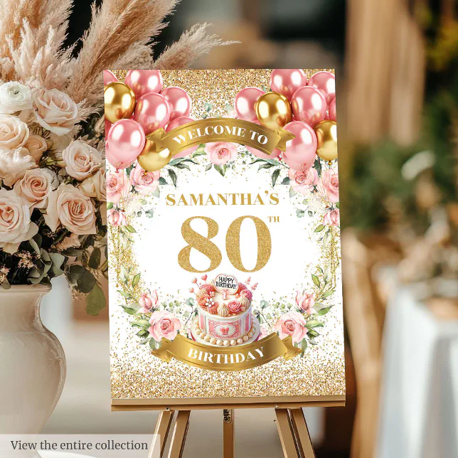 Elegant 80th Birthday Welcome Sign Boho Blush | Zazzle