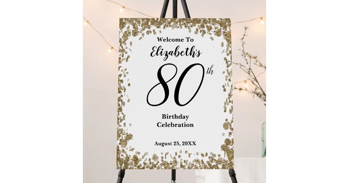 Elegant 80th Birthday Welcome Sign Gold Sequins | Zazzle