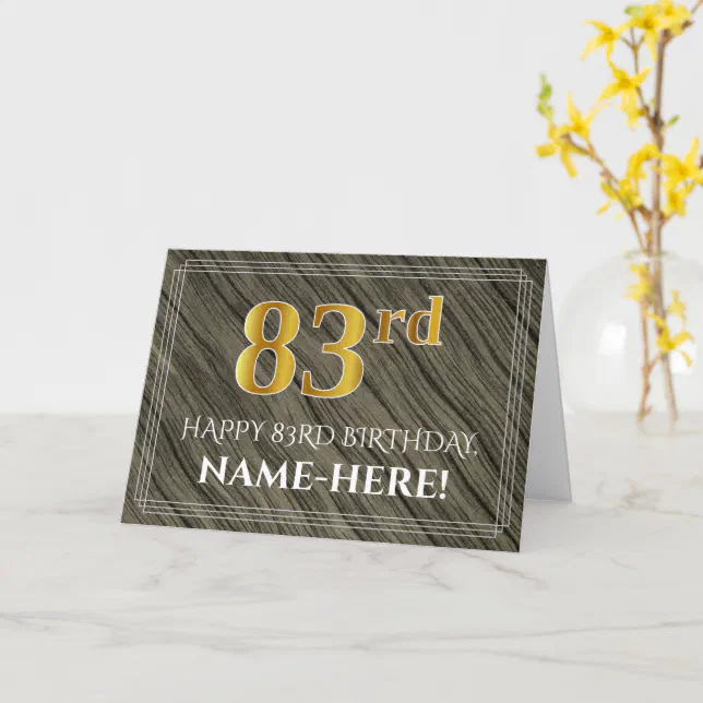 Elegant 83rd Birthday: Faux Wood, Faux Gold Look Card | Zazzle