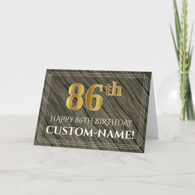 Elegant 86th Birthday: Faux Wood, Faux Gold Look Card | Zazzle