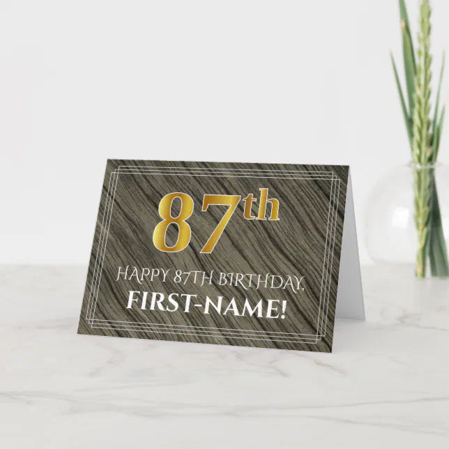 Elegant 87th Birthday: Faux Wood, Faux Gold Look Card | Zazzle