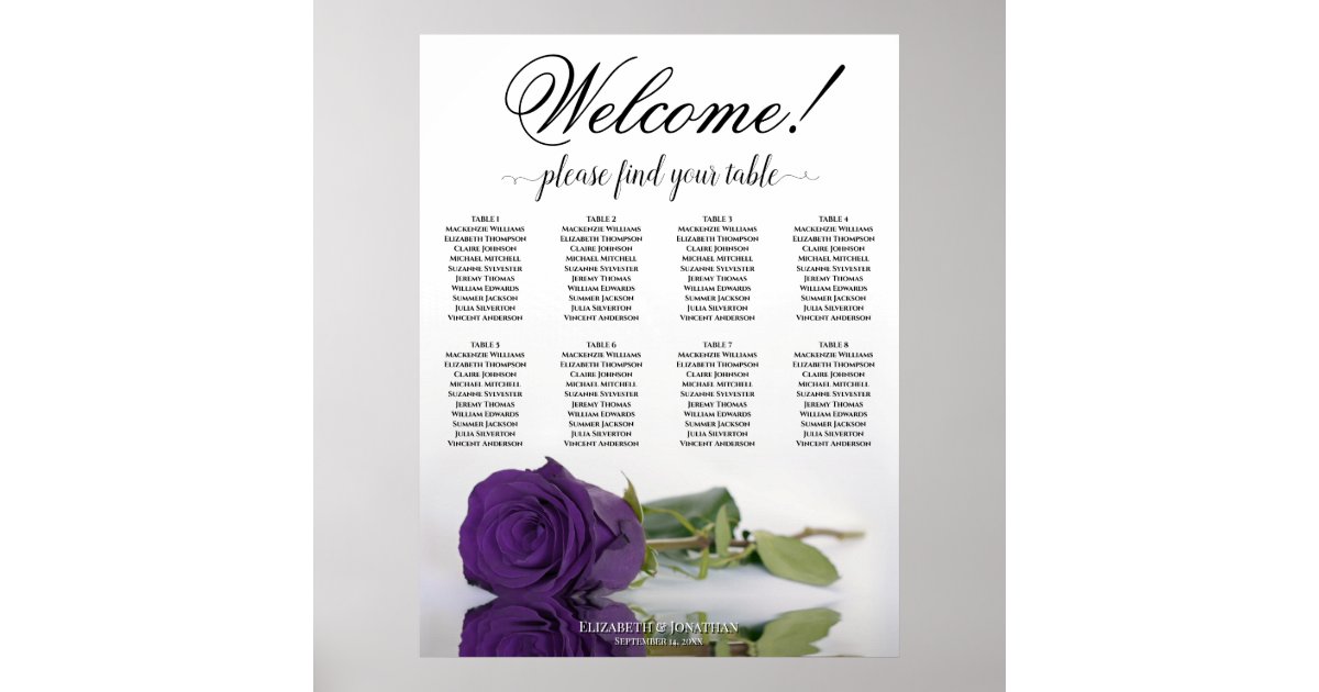 Elegant 8 Table Royal Purple Rose Seating Chart | Zazzle