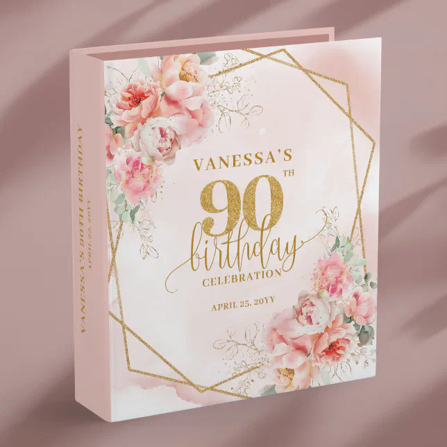 Elegant 90th Birthday Binder Blush Pink Gold | Zazzle