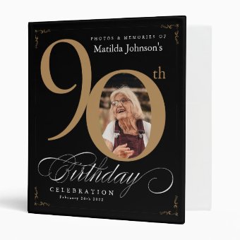 Elegant 90th Birthday Black Gold Calligraphy Photo 3 Ring Binder | Zazzle