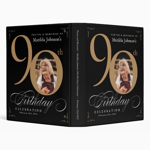Elegant 90th Birthday Black Gold Calligraphy Photo 3 Ring Binder | Zazzle