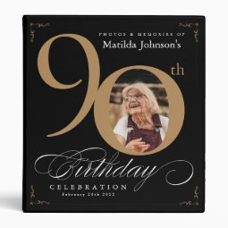 Elegant 90th Birthday Black Gold Calligraphy Photo 3 Ring Binder | Zazzle