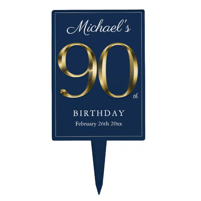 Elegant 90th Birthday Navy Blue Solid Gold Text Cake Topper | Zazzle