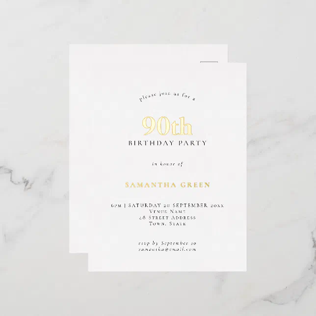 Elegant 90th Birthday Party Luxury Real Foil Invitation Postcard | Zazzle