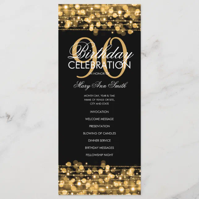 Elegant 90th Birthday Party Program Gold W Menu Zazzle