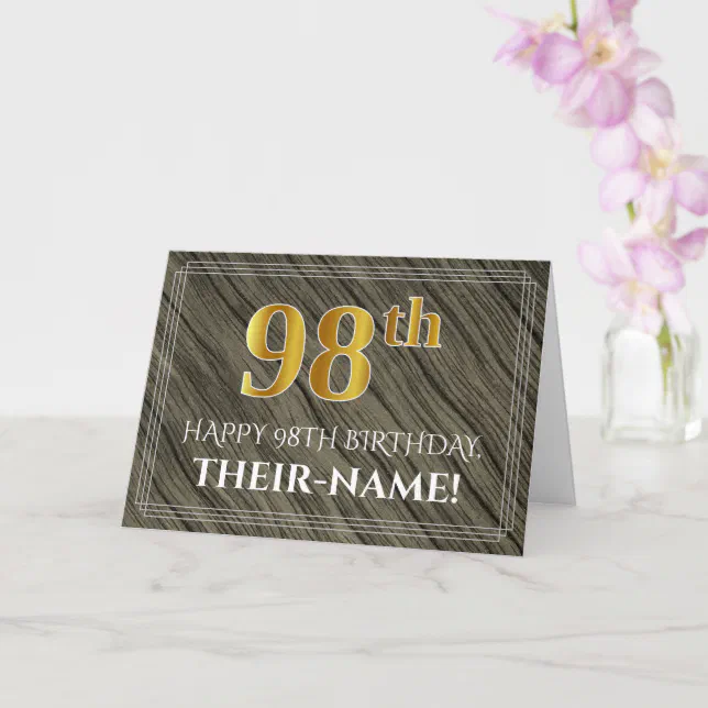 Elegant 98th Birthday: Faux Wood, Faux Gold Look Card | Zazzle