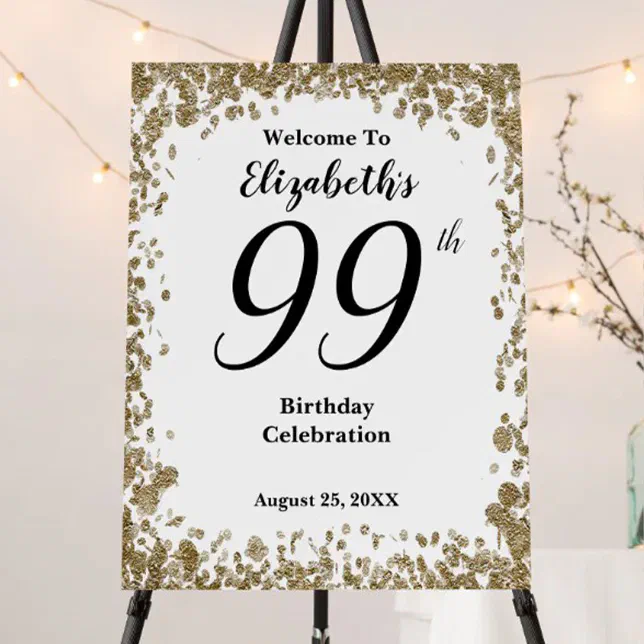Elegant 99th Birthday Gold Sequins Welcome Sign | Zazzle