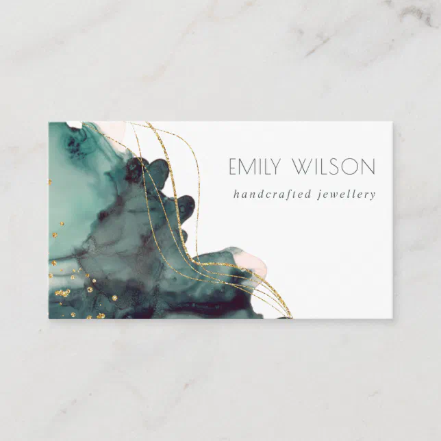 Elegant Abstract Alcohol Ink Dusky Gold Green Business Card | Zazzle