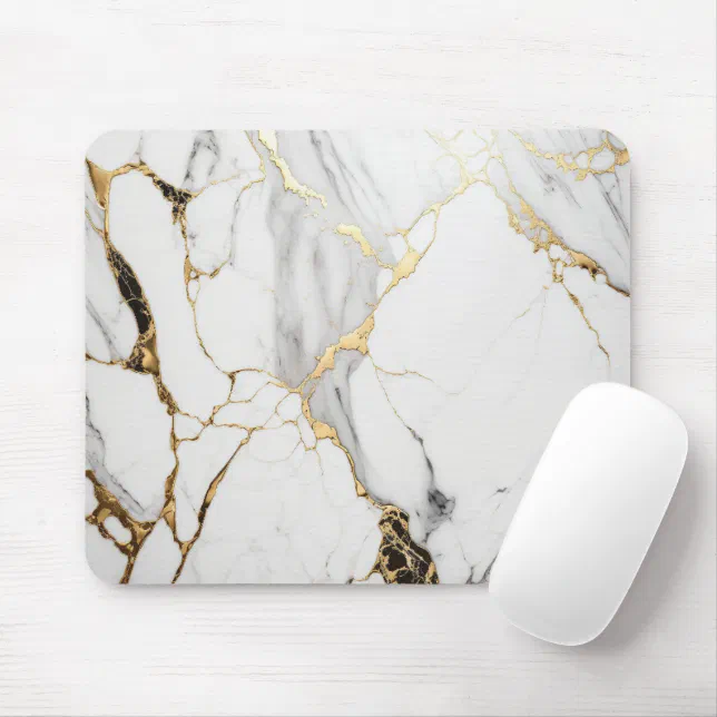 Elegant abstract black and white gold marble stone mouse pad | Zazzle