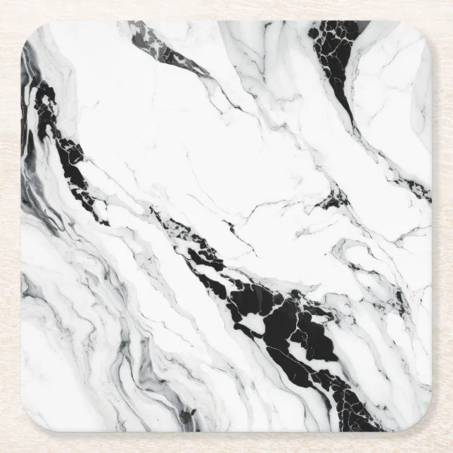 Elegant abstract black and white marble stone square paper coaster | Zazzle