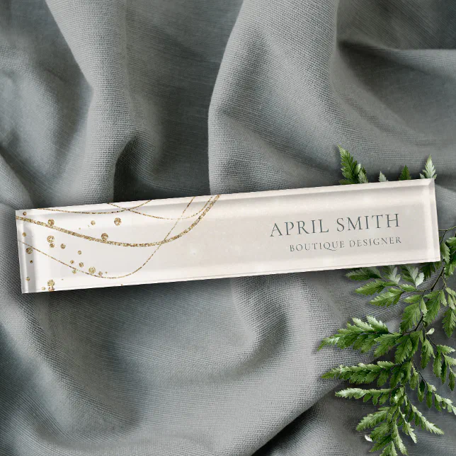 Elegant Abstract Glitter Ivory Gold Watercolor Desk Name Plate | Zazzle