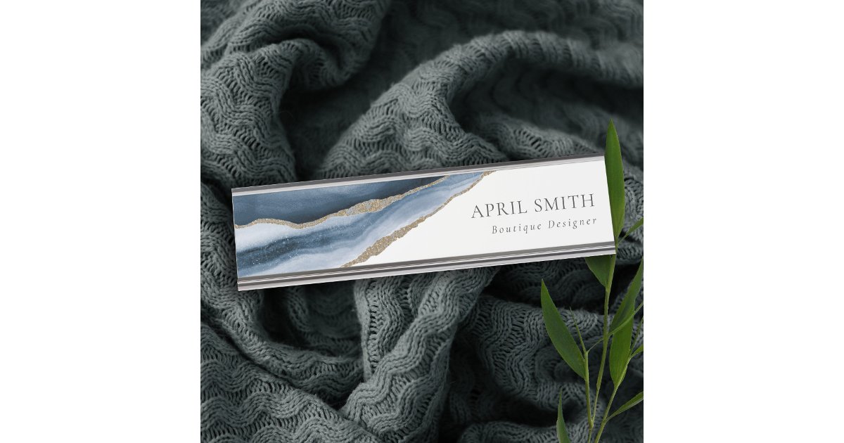 Elegant Abstract Navy Blue Agate Gold Watercolor Desk Name Plate | Zazzle