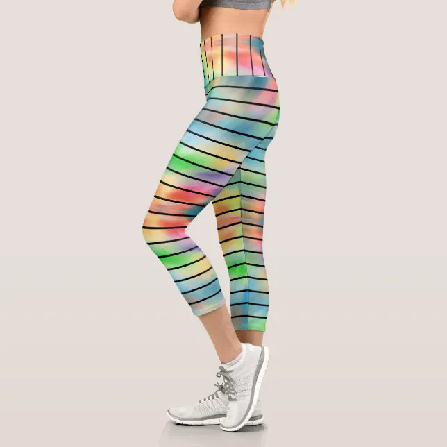 Elegant Abstract Rainbow Colors Black Stripes Capri Leggings | Zazzle
