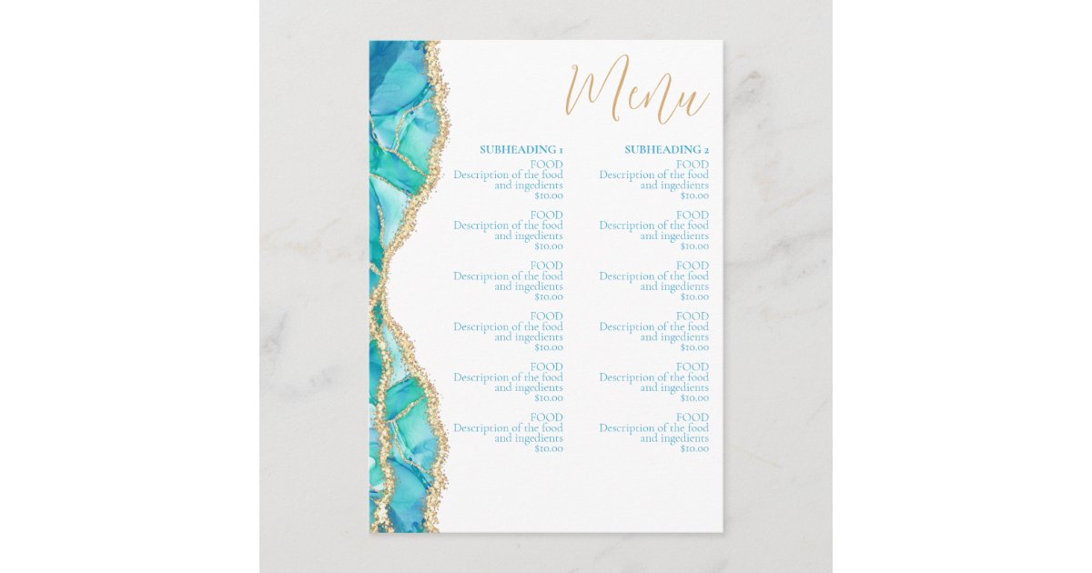 Elegant Abstract Watercolor Blue Gold Restaurant Menu | Zazzle