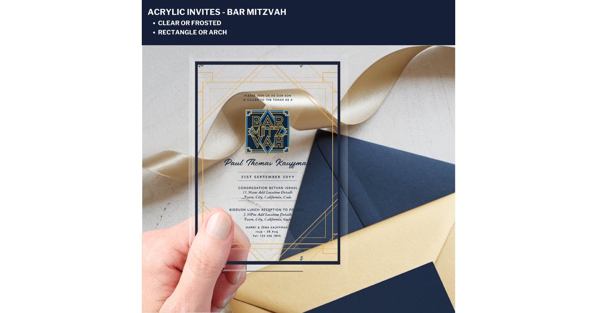 Elegant Acrylic BAR MITZVAH Navy Gold Modern Clear Acrylic Invitations ...