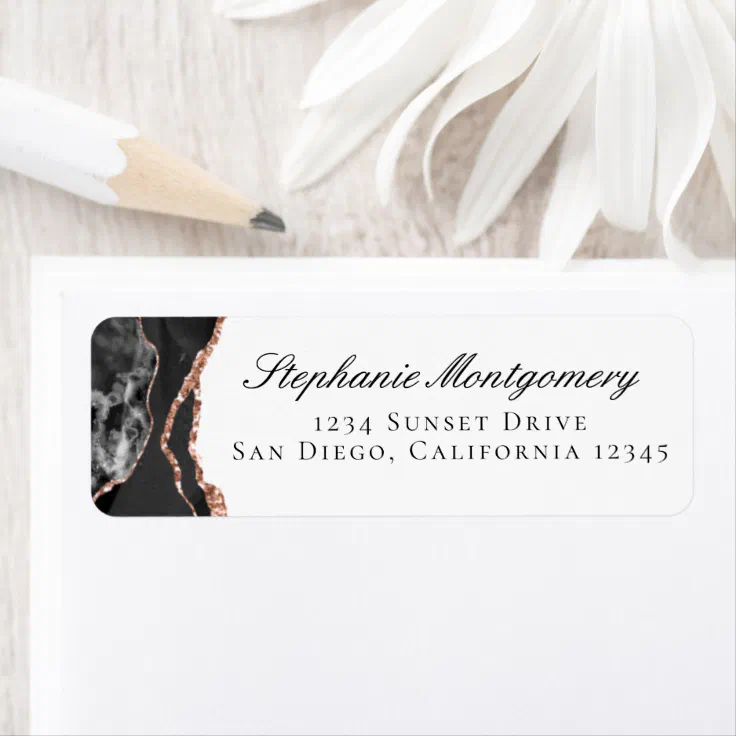 Elegant Agate Black White Rose Gold Foil Address Label | Zazzle