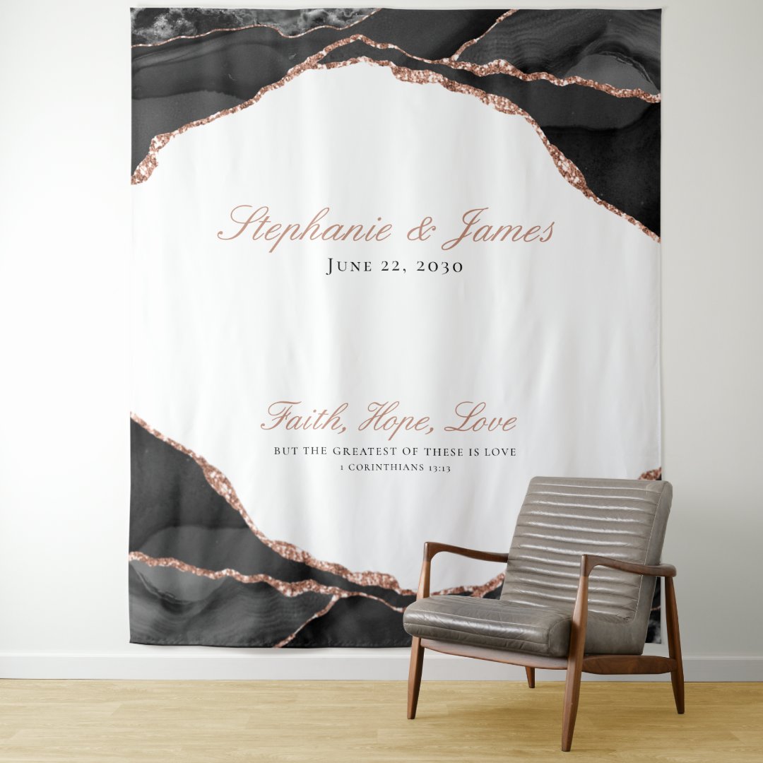 Elegant Agate Black White Rose Gold Foil Wedding Tapestry | Zazzle