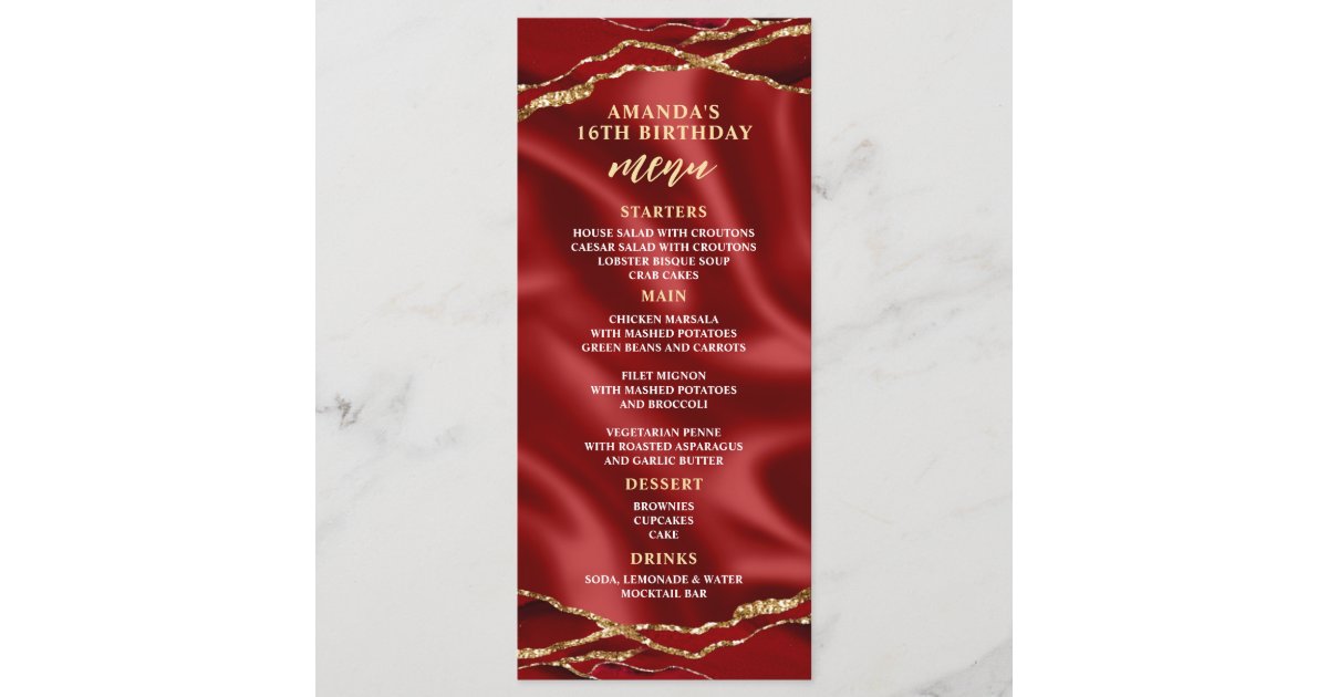 Elegant Agate Red and Gold Menu | Zazzle