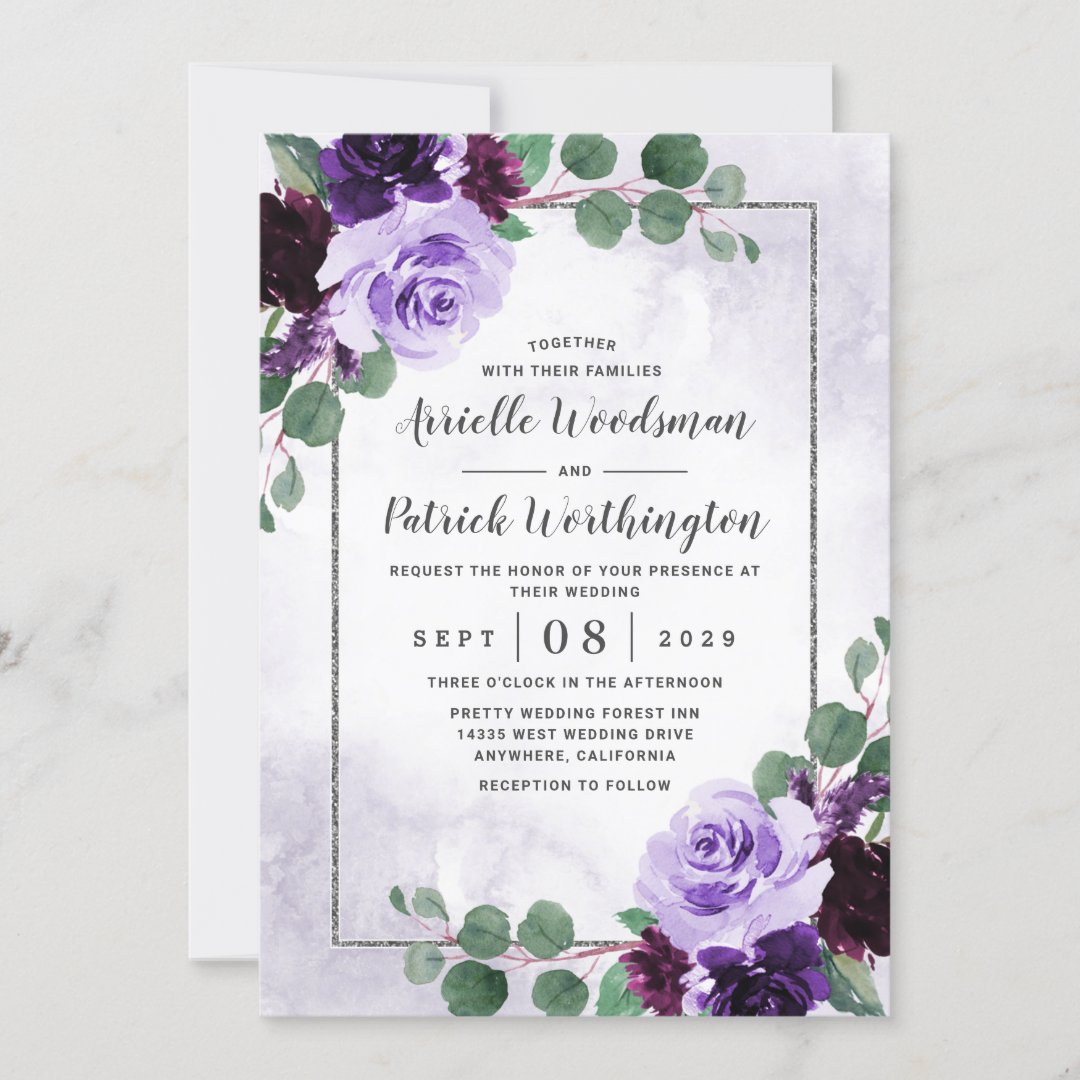 Elegant Airy Boho Floral Purple and Silver Wedding Invitation | Zazzle