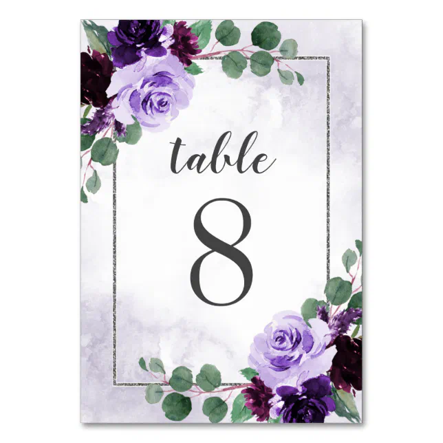 Elegant Airy Boho Floral Purple and Silver Wedding Table Number | Zazzle