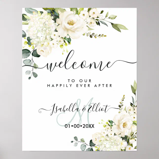 Elegant Alabaster Roses Hydrangea Welcome Poster | Zazzle