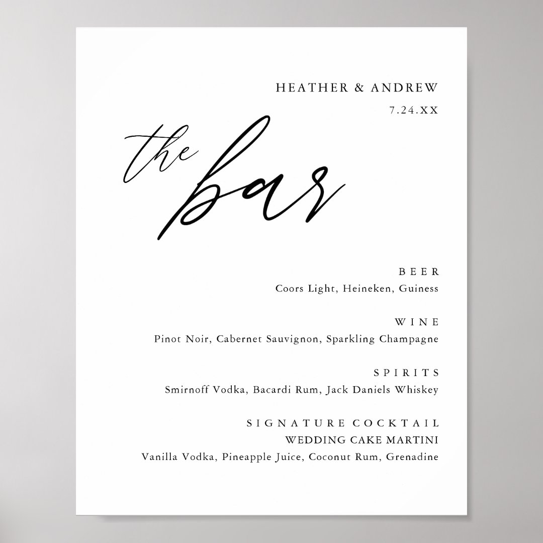 Elegant Alcohol Drinks Wedding Bar Menu Poster | Zazzle