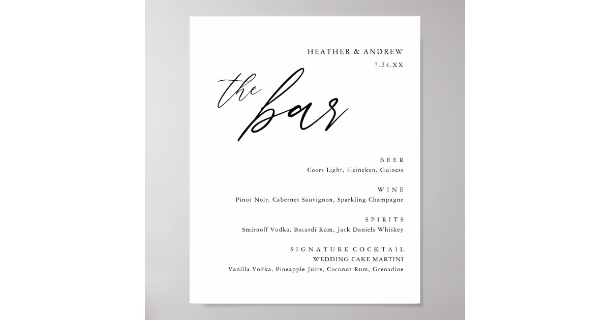 Elegant Alcohol Drinks Wedding Bar Menu Poster | Zazzle