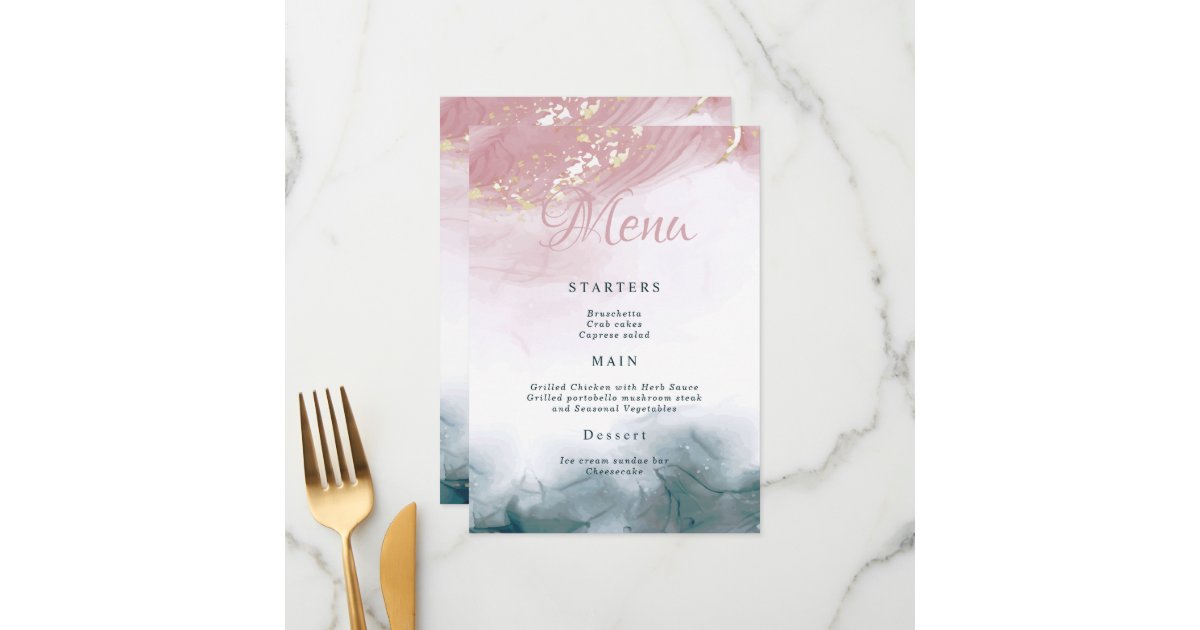 Elegant Alcohol Ink Blush Blue Watercolor Menu | Zazzle