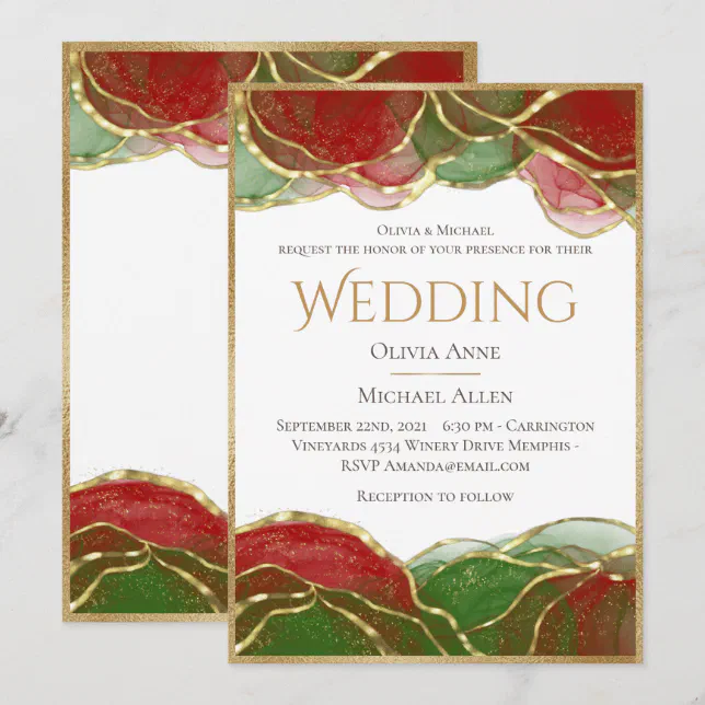 Elegant Alcohol Ink Red Green Holiday Wedding Invitation | Zazzle