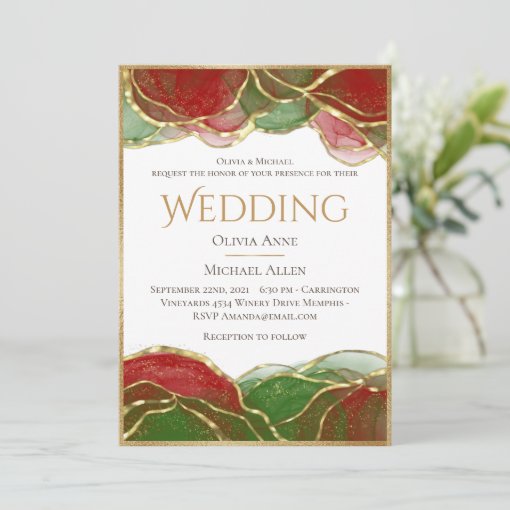 Elegant Alcohol Ink Red Green Holiday Wedding Invitation | Zazzle