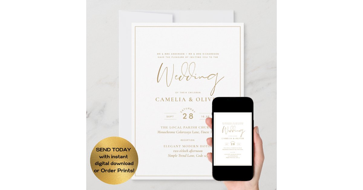 Elegant All-in-1 Classic Gold Text White Wedding Invitation | Zazzle