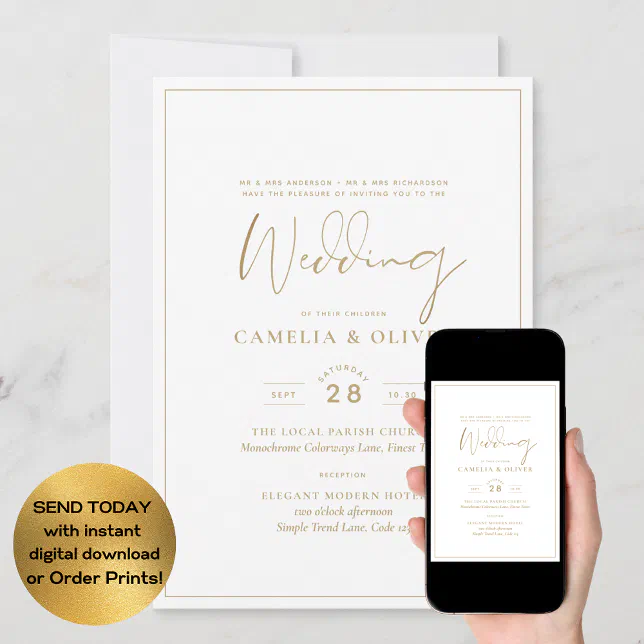 Elegant All-in-1 Classic Gold Text White Wedding Invitation | Zazzle