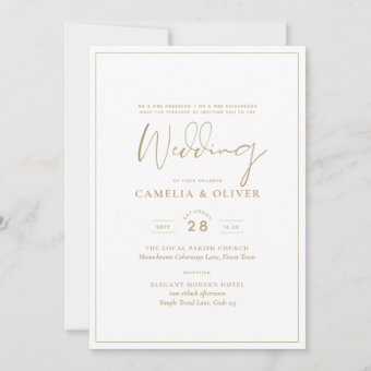Elegant All-in-1 Classic Gold Text White Wedding Invitation | Zazzle
