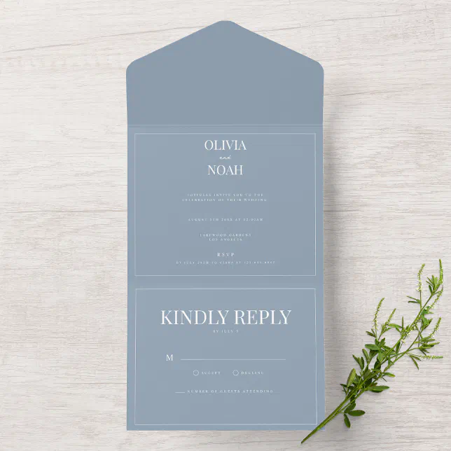 Elegant All In One Dusty Blue Wedding Invitation | Zazzle