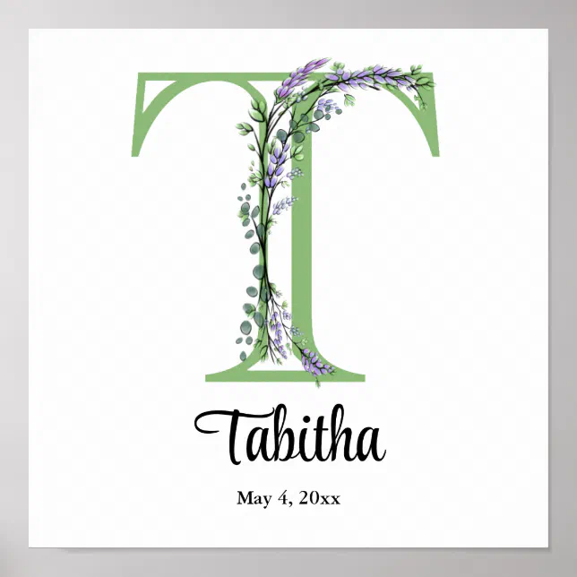Elegant alphabet letter T Lavender Eucalyptus Poster | Zazzle