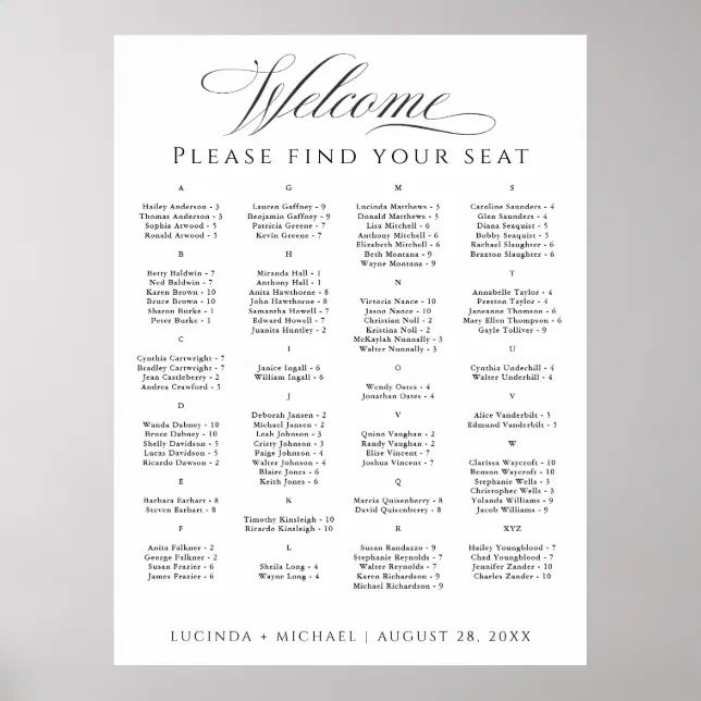 Elegant Alphabetical Seating Chart for 100 Guests | Zazzle