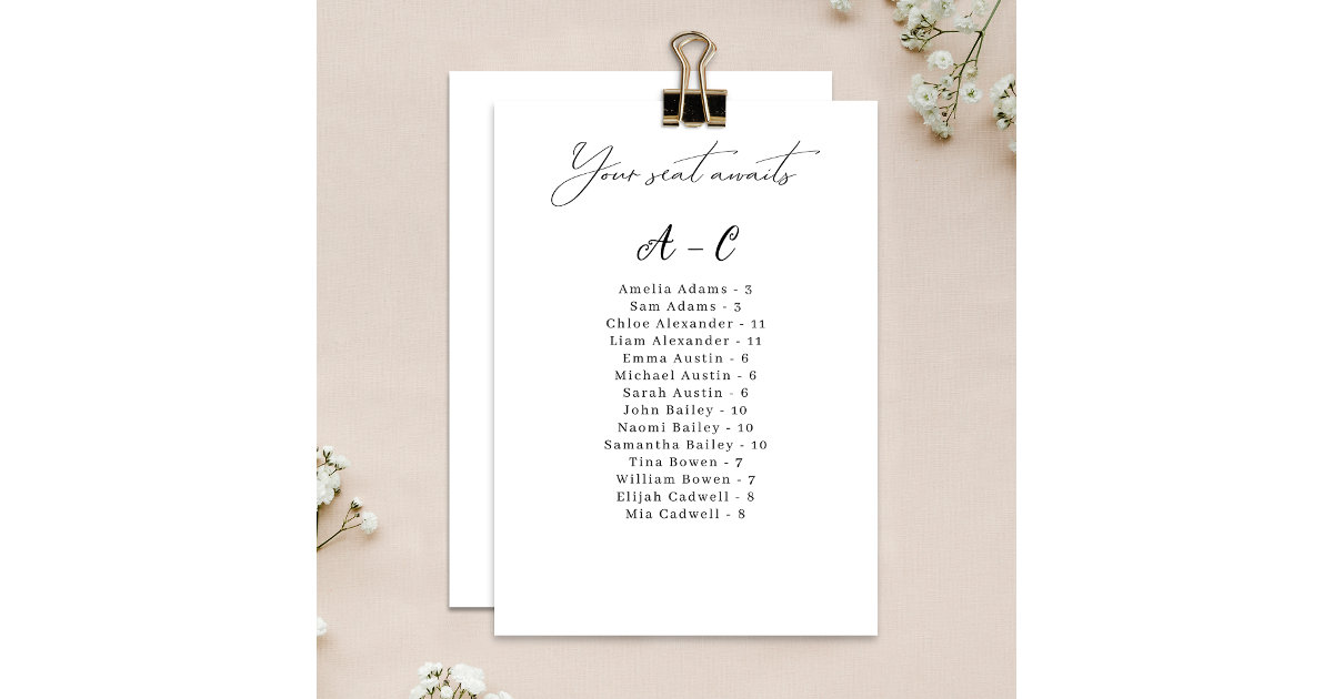 Elegant Alphabetical Wedding Guest Seating Card | Zazzle