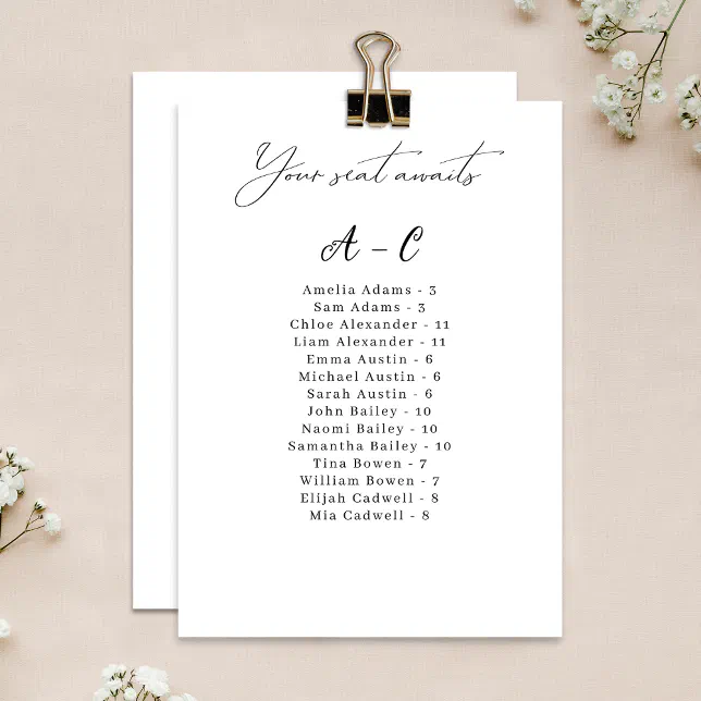 Elegant Alphabetical Wedding Guest Seating Card | Zazzle